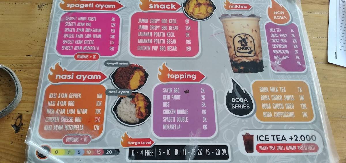 Carta del restaurante Choky Spaghetti & Milk Tea, Indonesia