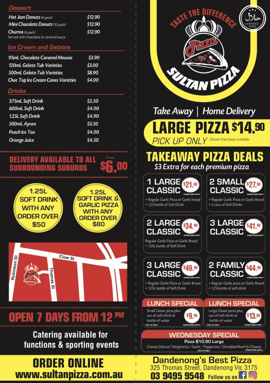 Menu at Sultan Pizza restaurant, Dandenong