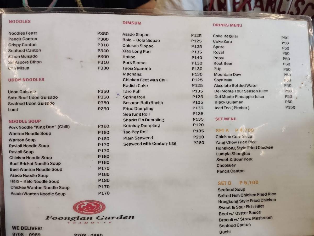 Menu at FOONG LAN GARDEN restaurant, Philippines
