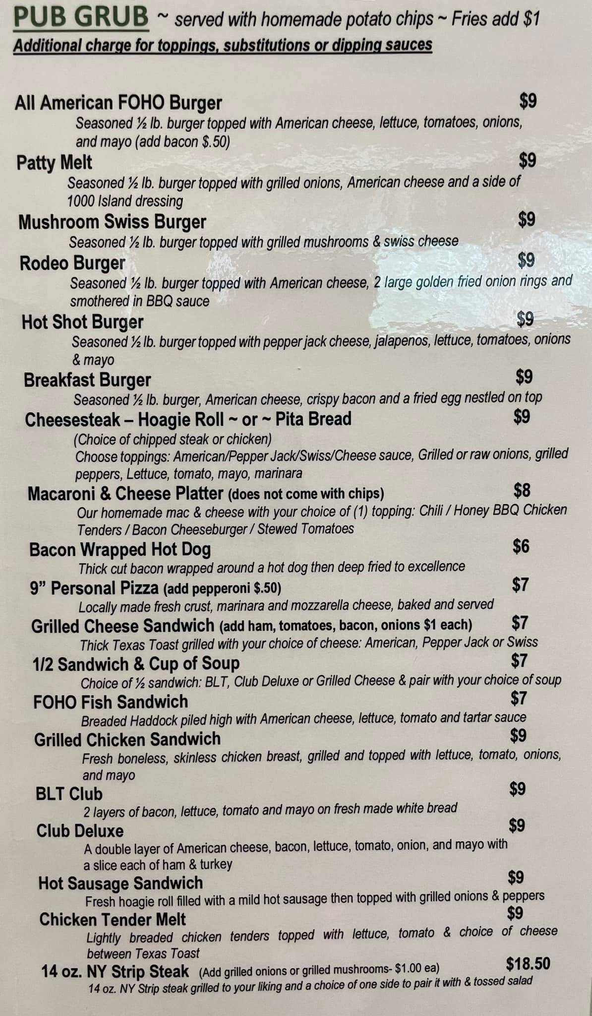 Menu at Forest House Hotel Inc pub & bar, USA, Buffalo Rd