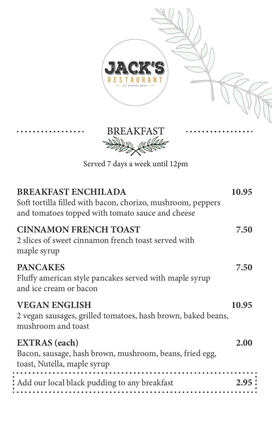 Menu at Jacks at Woodlakes restaurant, Stowbridge