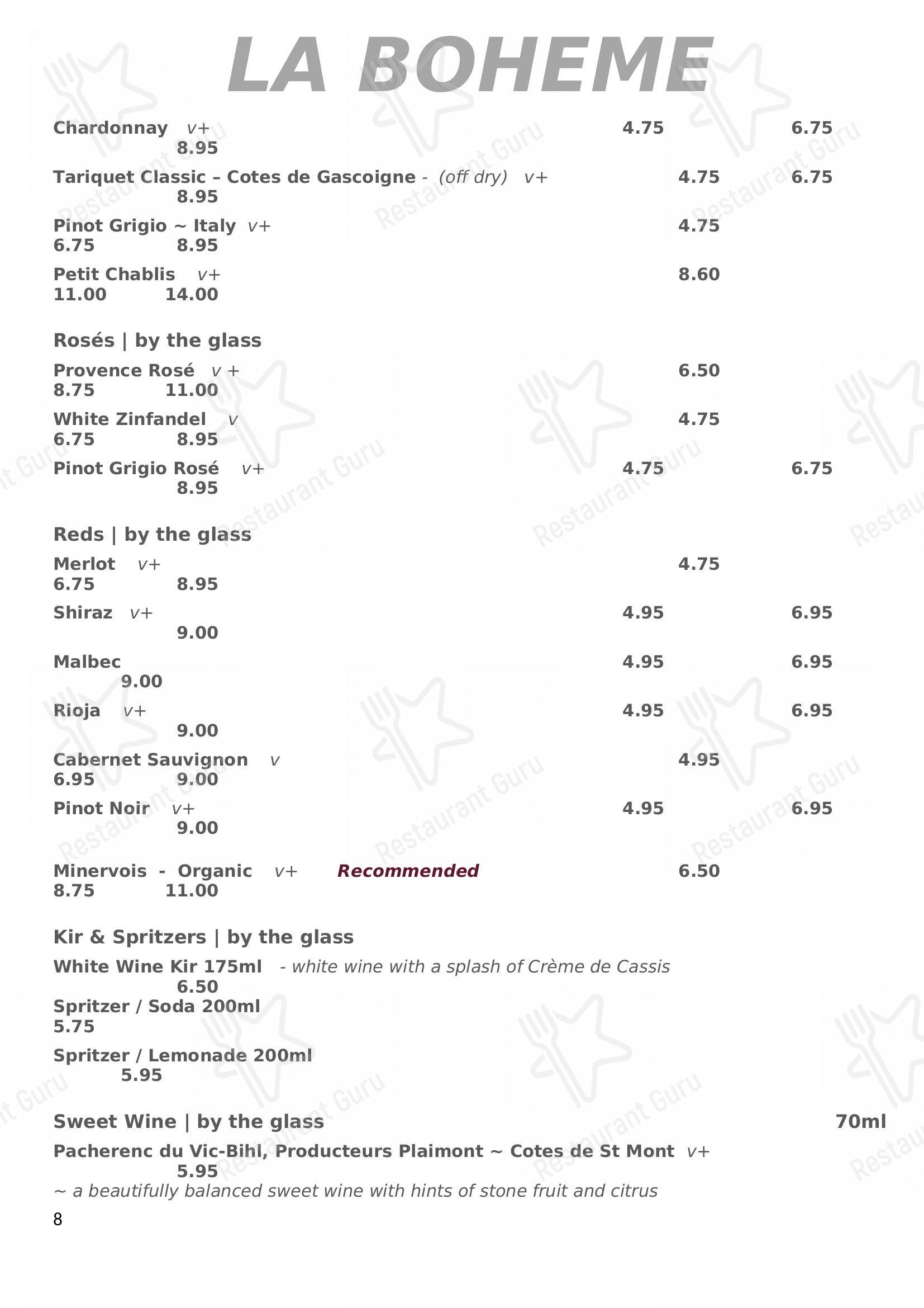 Menu at La Boheme restaurant, Lymm