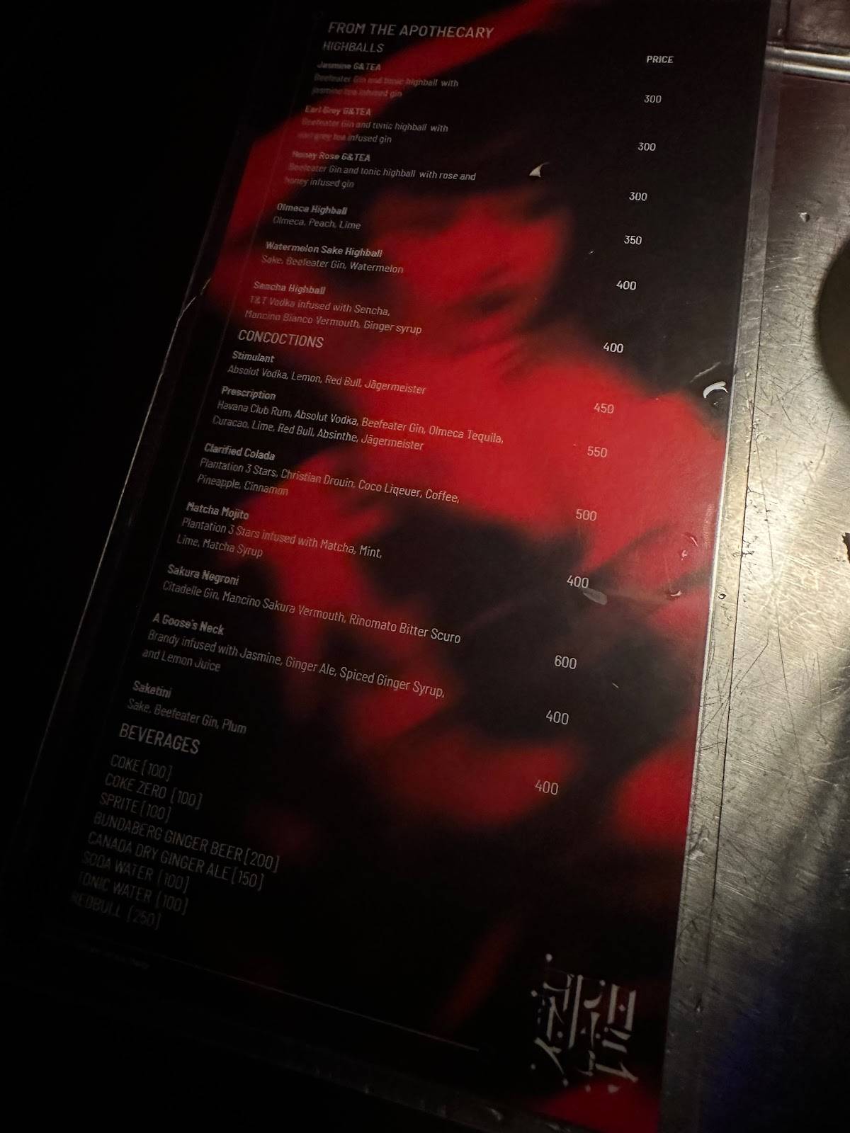 Menu at Apotheka Manila club, Makati