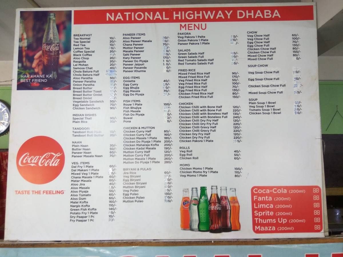 Menu at National Highway Dhaba, India, WVW9+GWQ