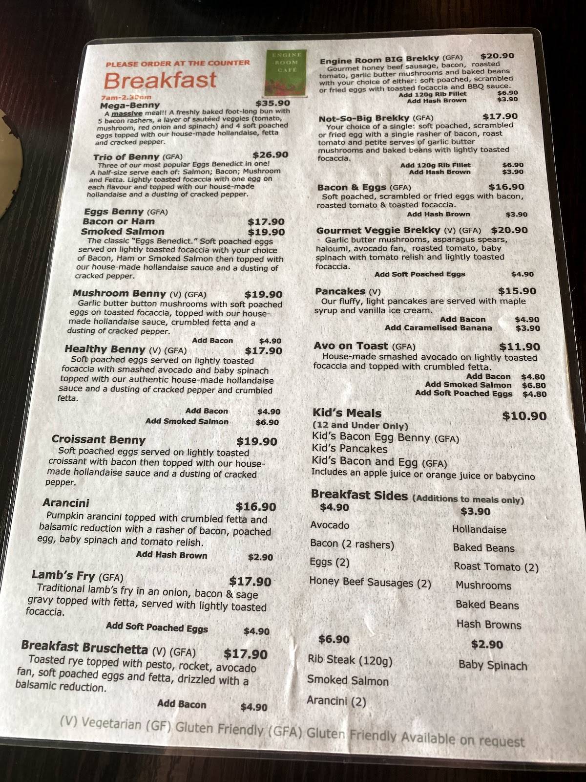 Menu at Engine Room Cafe And Restaurant Toowoomba, Toowoomba City