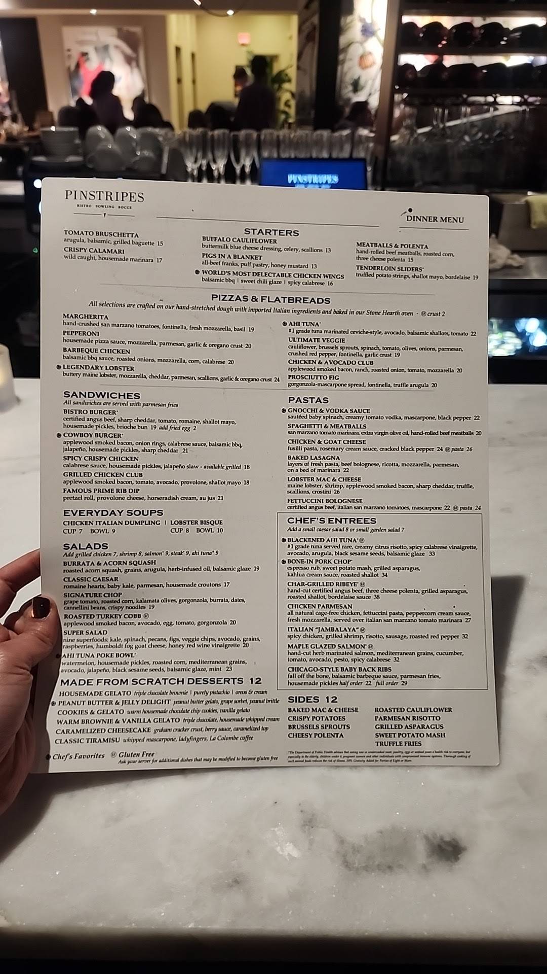 Carta del restaurante Pinstripes, Paramus