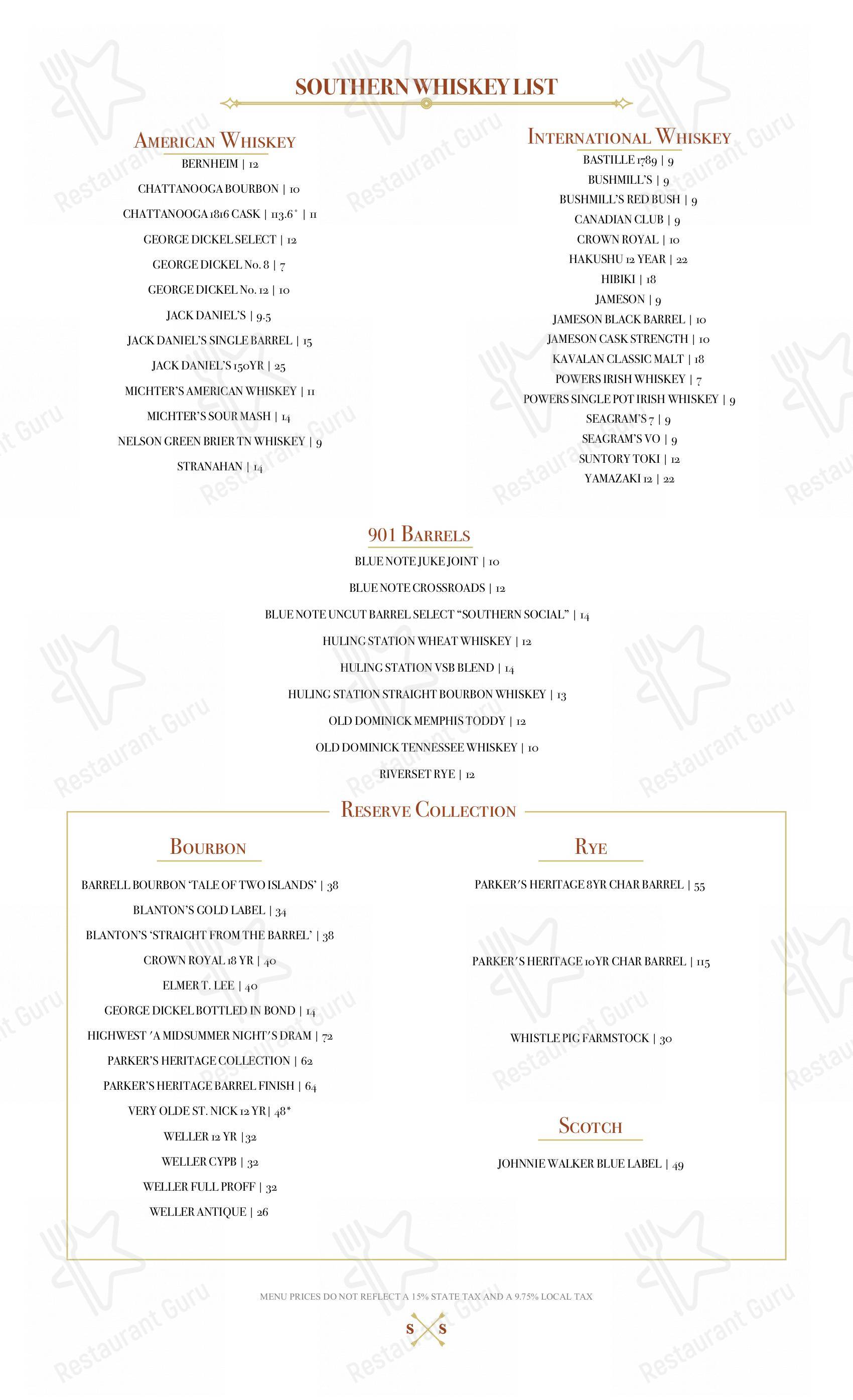 Menu at Southern Social pub & bar, Germantown, S Germantown Rd