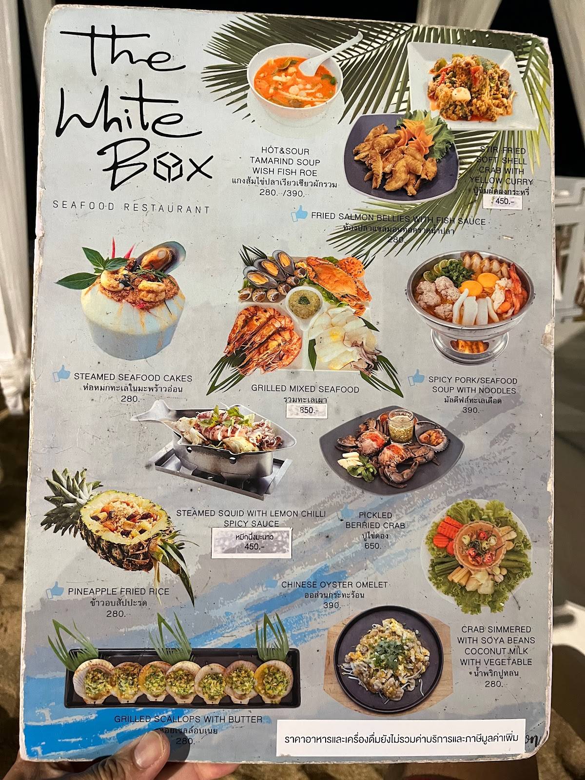 Menu at The White Box restaurant, Thailand