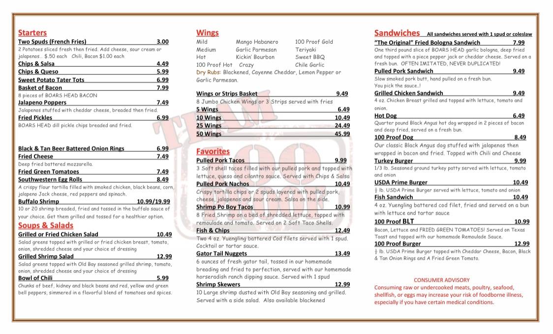 Menu at 100 Proof Saloon pub & bar, Ocala