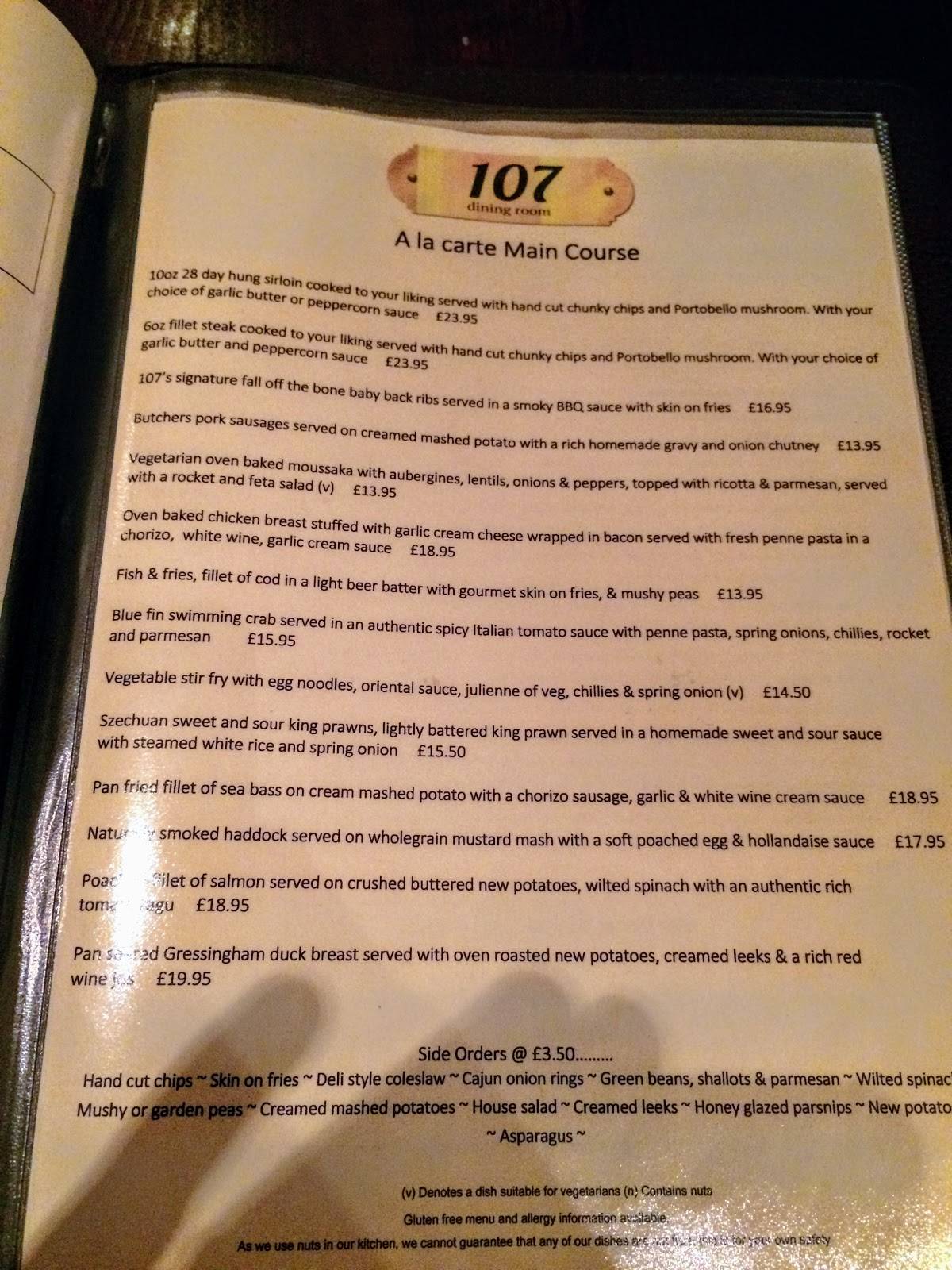 Menu at 107 Dining Room restaurant, Heswall