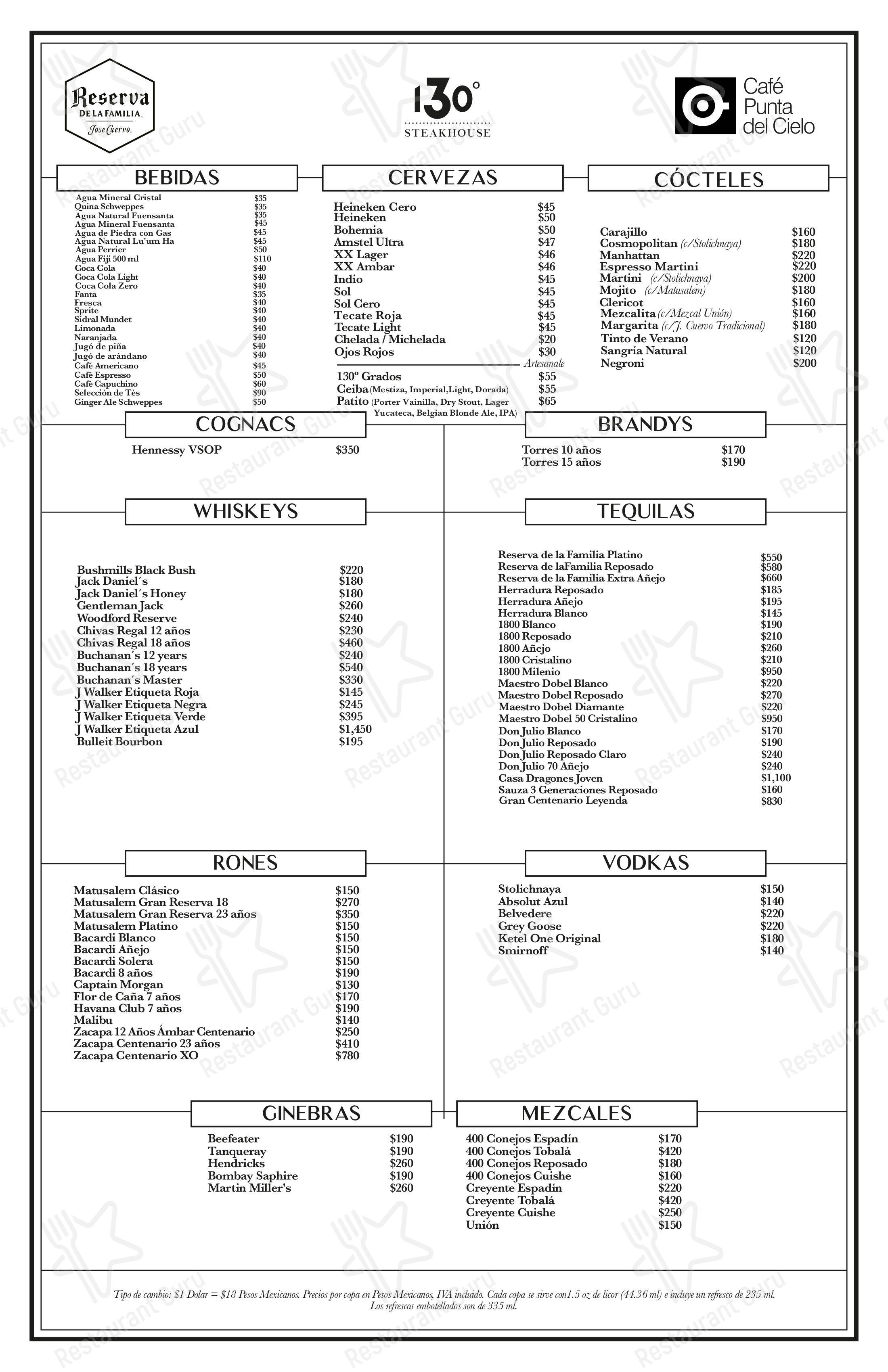 Carta de 130 Grados Steakhouse Mérida, Merida