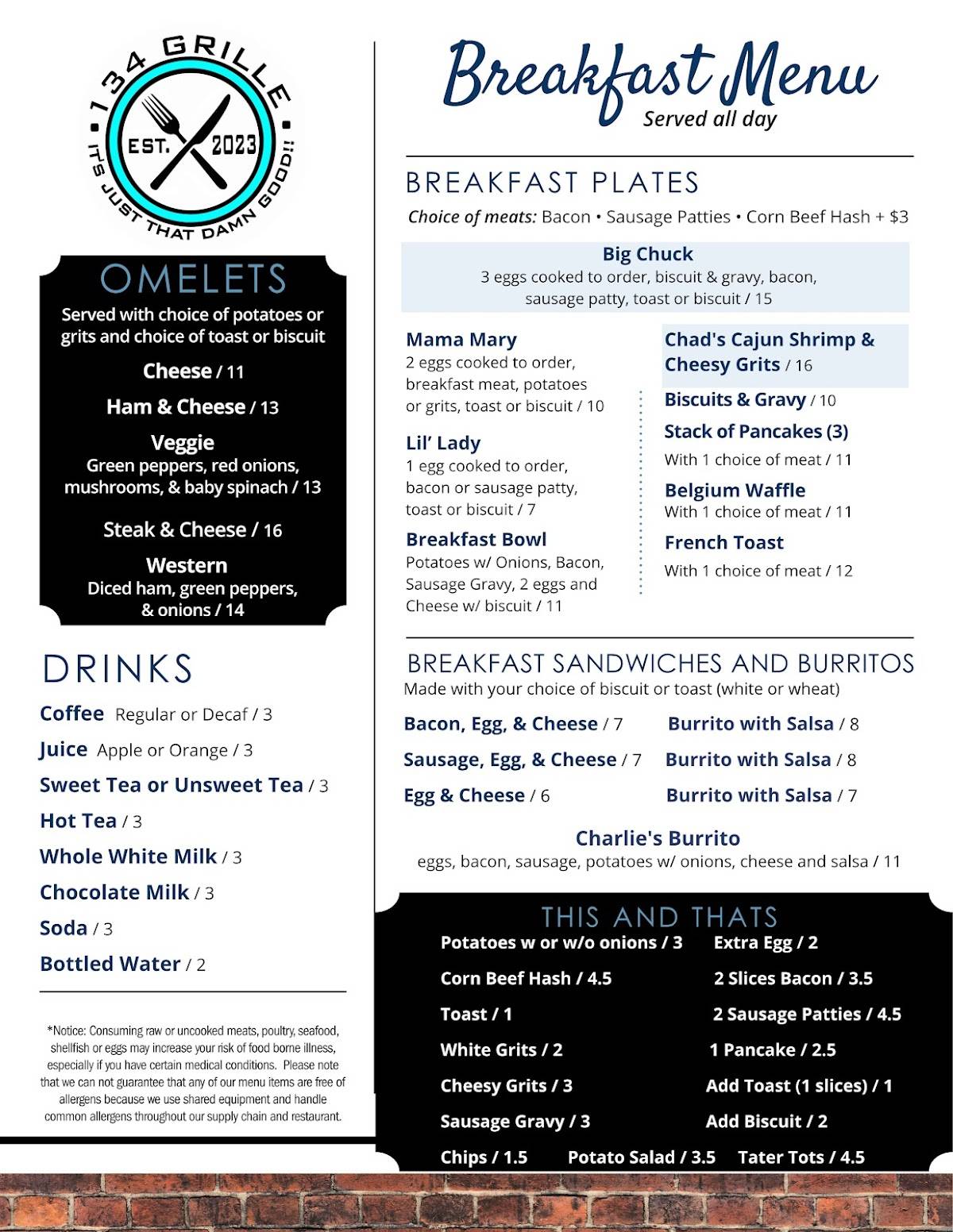 Menu at 134 Grille restaurant, Newport News