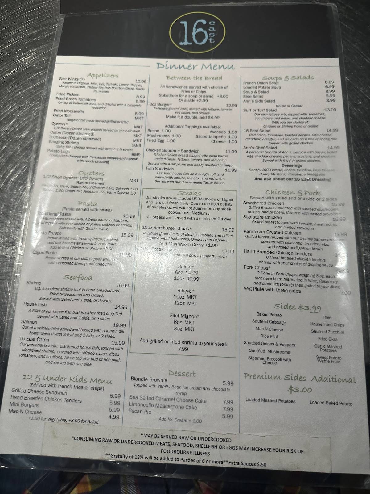 Menu at 16 East Bar and Grill, Cordele