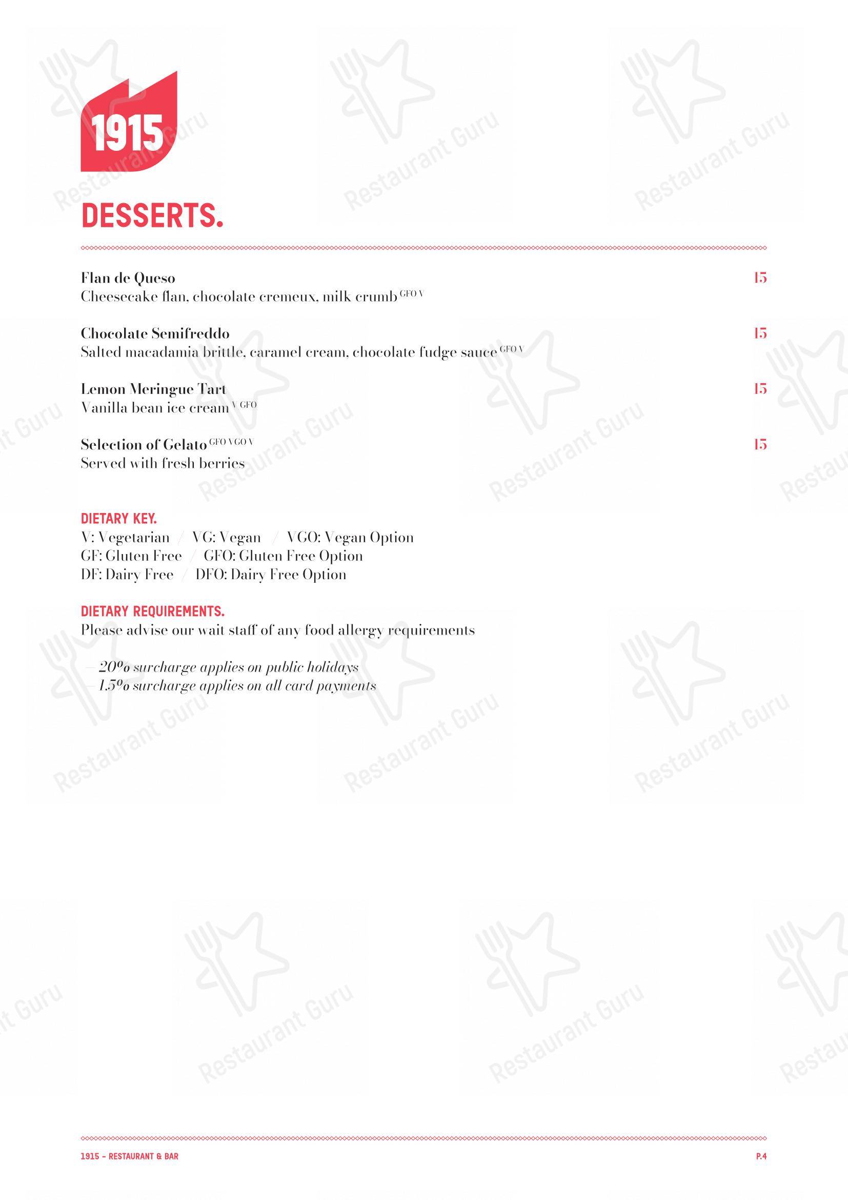 Menu at 1915 restaurant, North Geelong