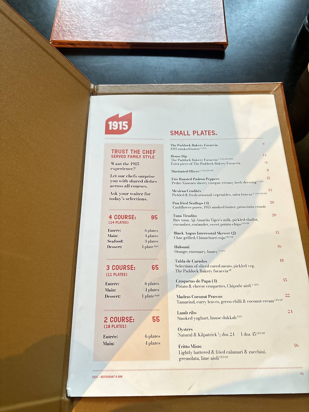 Menu at 1915 restaurant, North Geelong