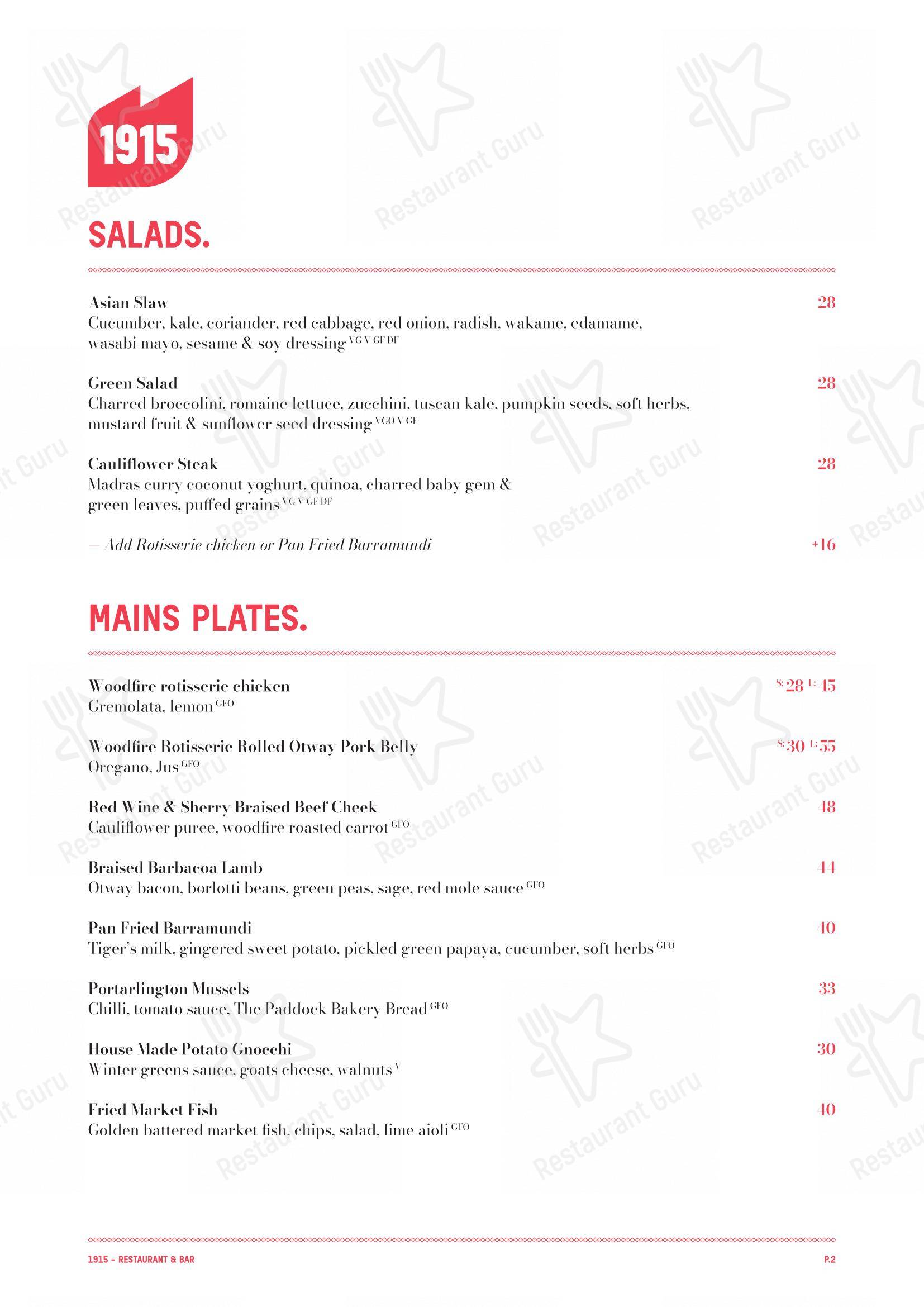 Menu at 1915 restaurant, North Geelong