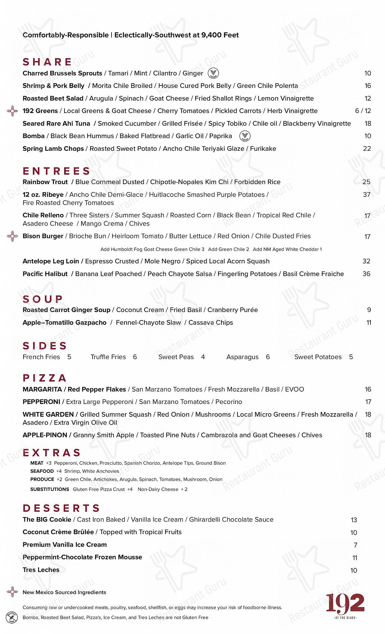 Menu at 192 at The Blake pub & bar, Taos Ski Valley