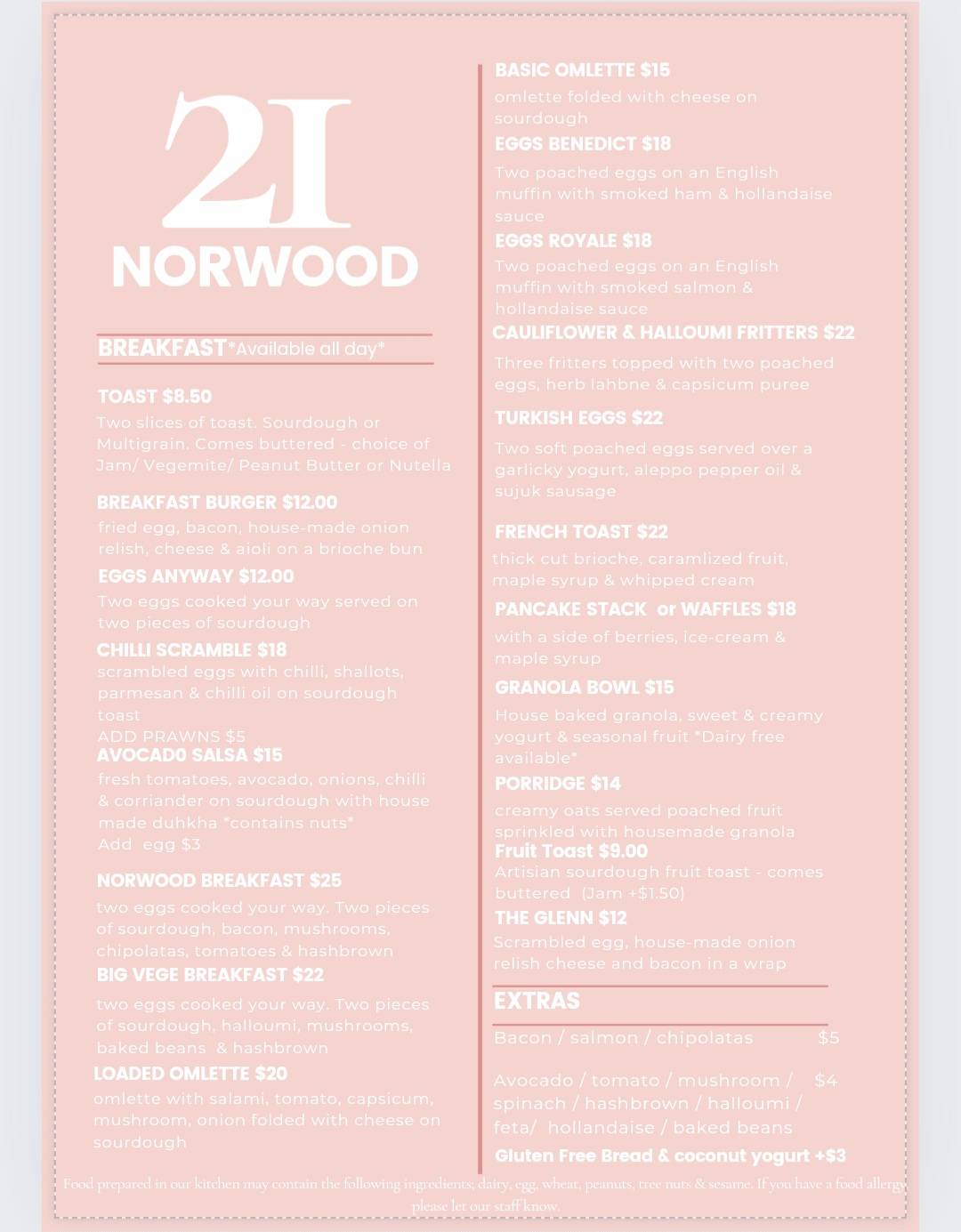 Menu at 21 Norwood, Keilor East