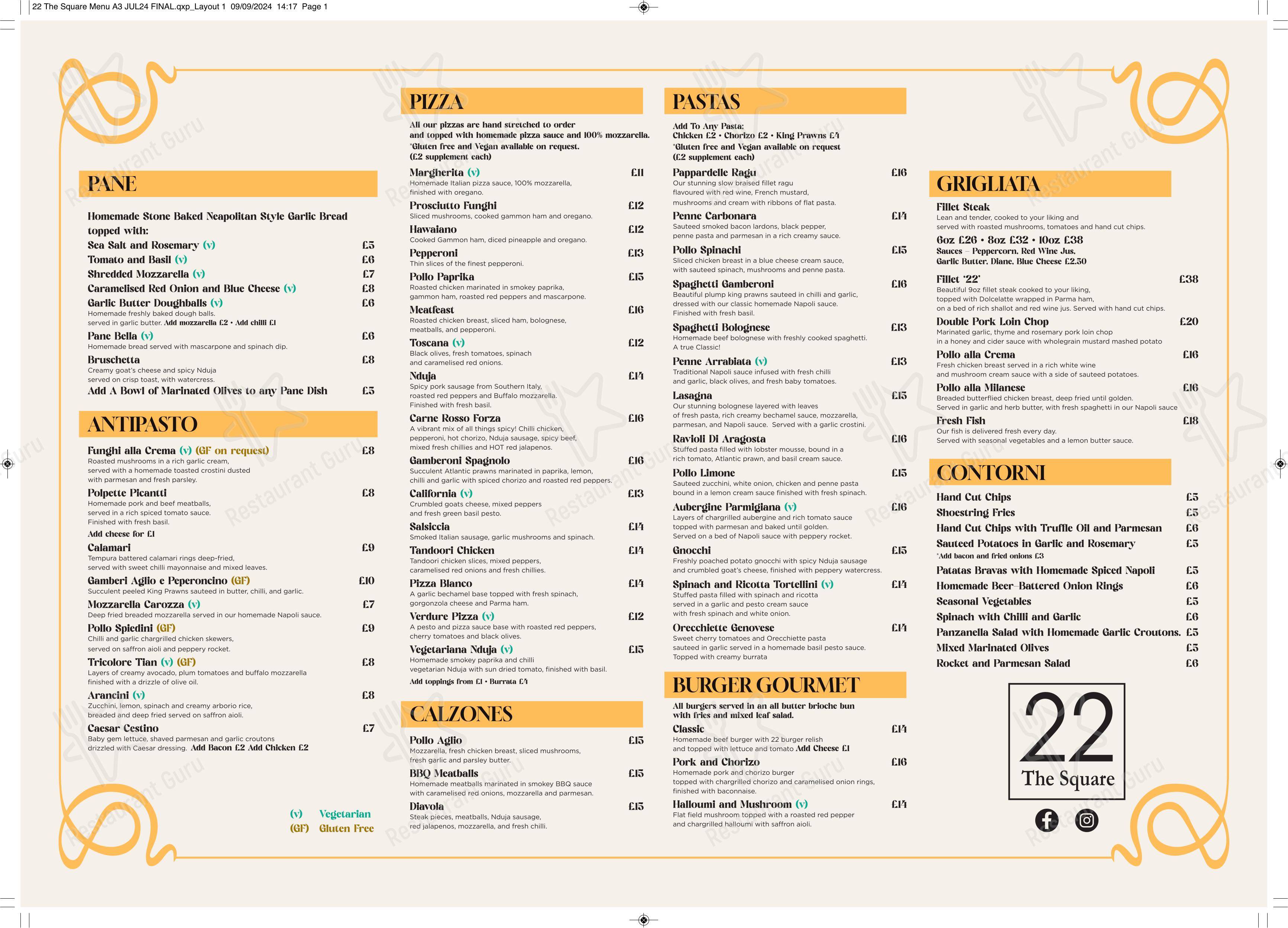 Menu at 22 The Square restaurant, Cross Hills