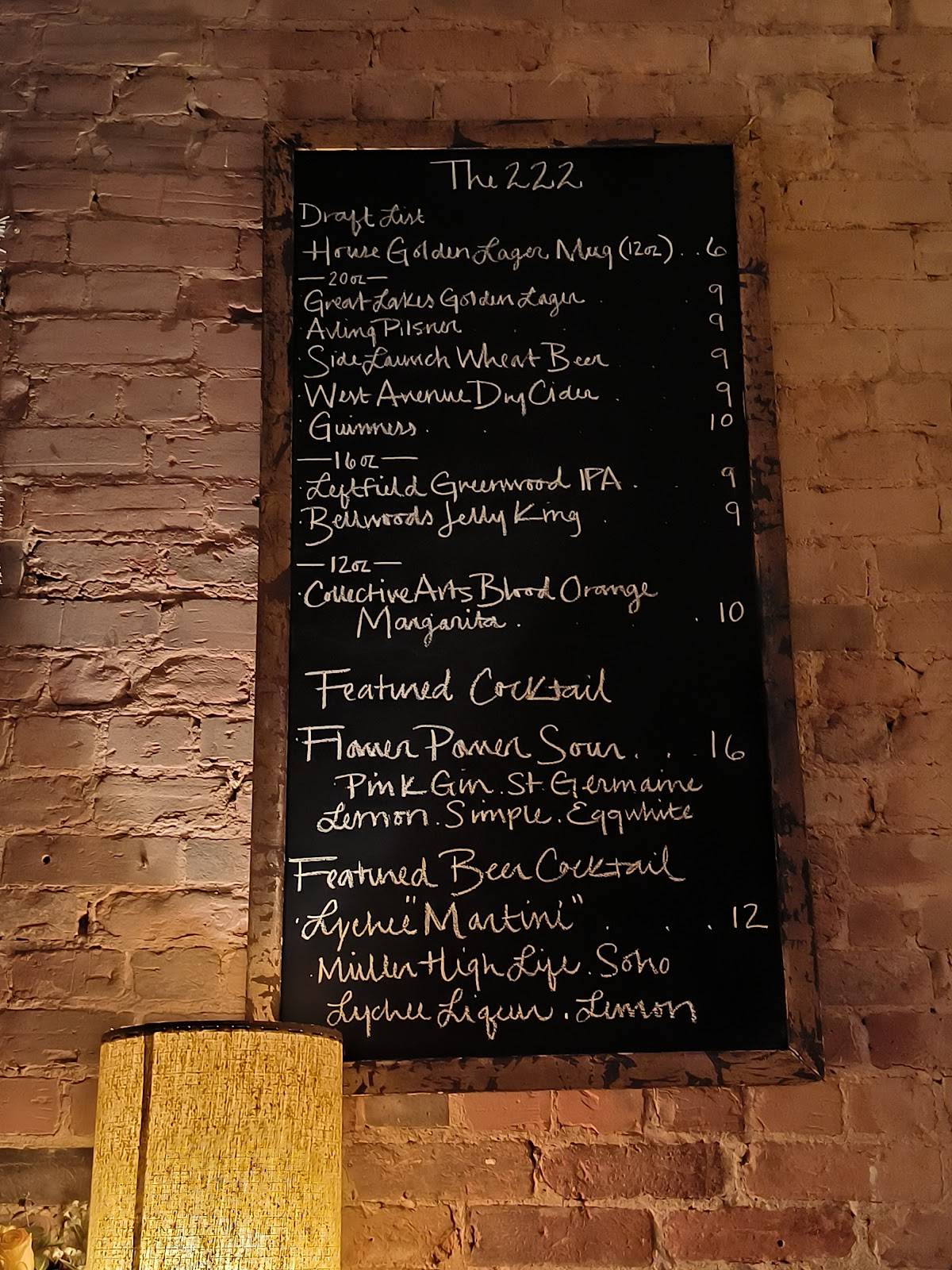 Menu at 222 Bar, Toronto