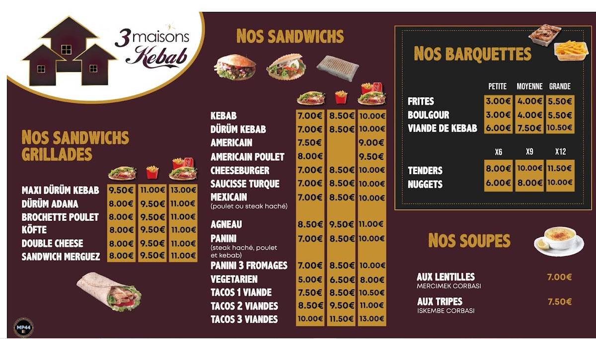 Menu au 3 Maisons Kebab - Restaurant turc, Nancy