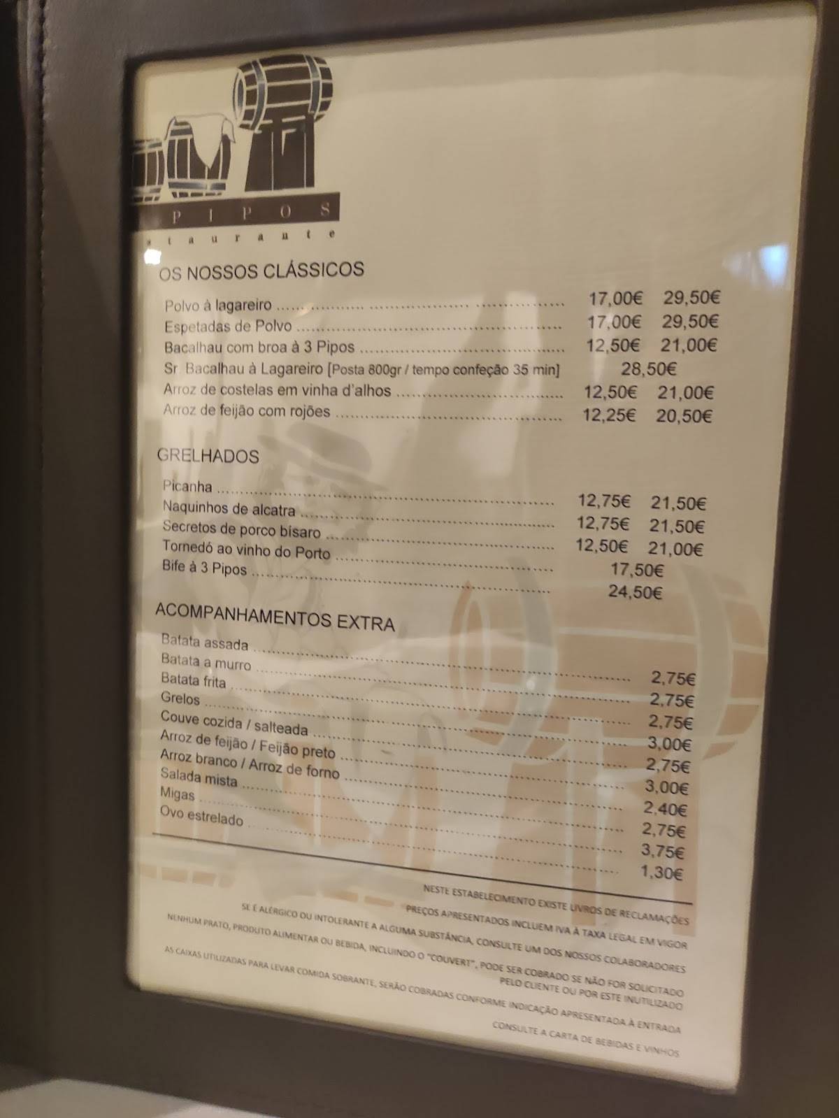 Menu em 3 Pipos restaurante, Tondela