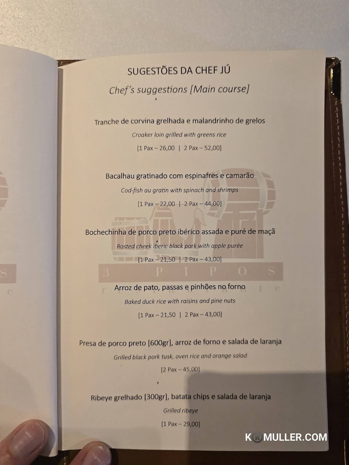 Menu em 3 Pipos restaurante, Tondela