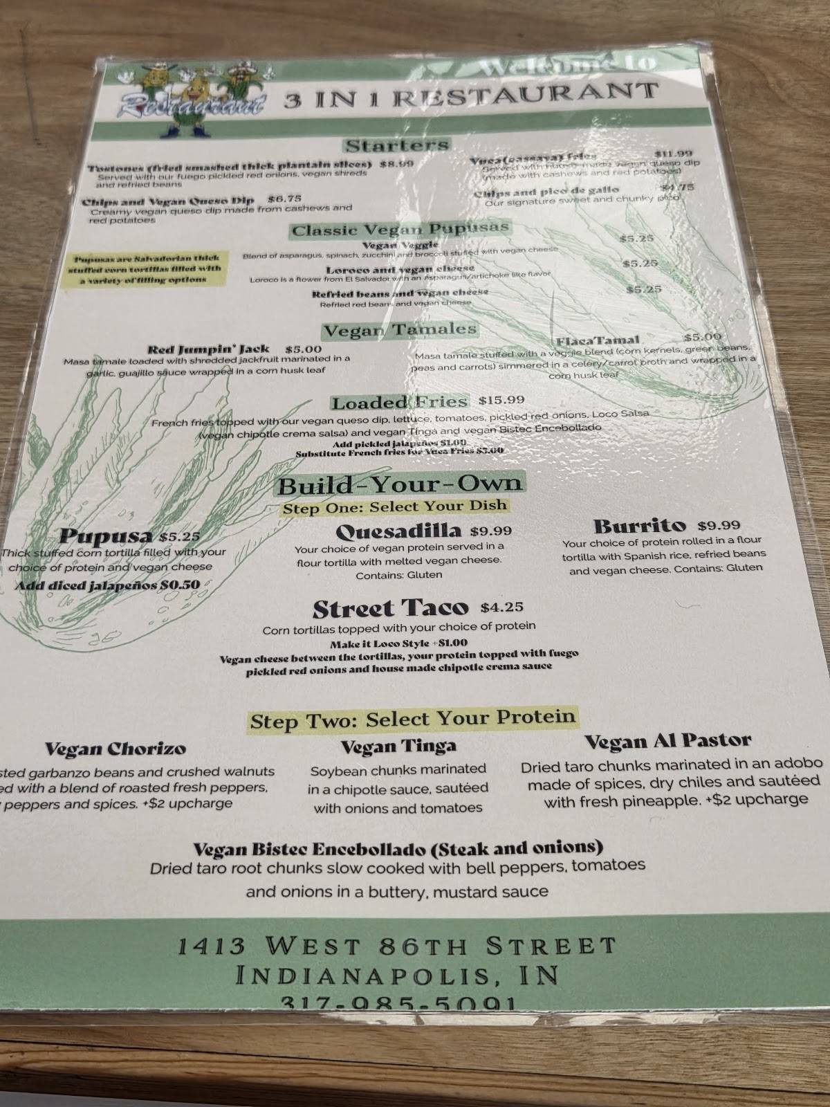 Menu at 3 in 1 Restaurant, Indianapolis, W 86th St