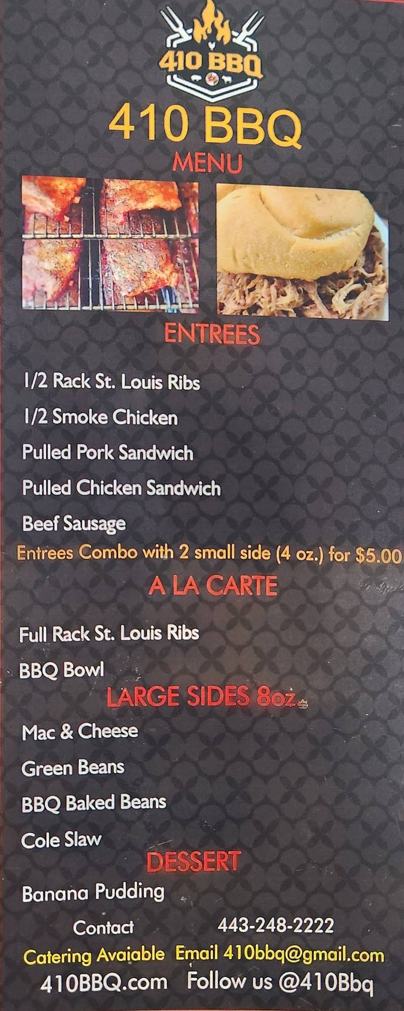 Menu at 410 BBQ, Randallstown
