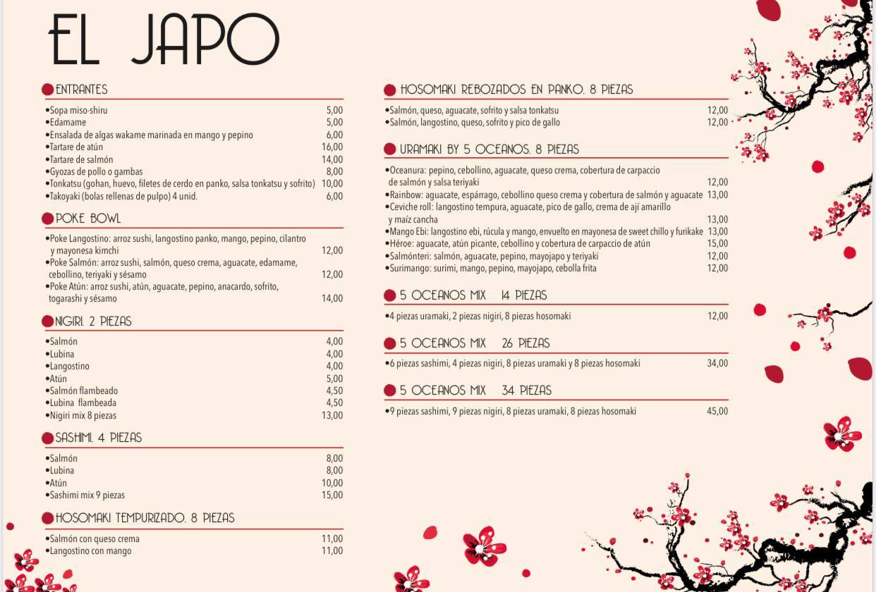 Carta del pub y bar 5 Océanos, Mal Pas-Bon Aire, Avenida Mal Pas 21