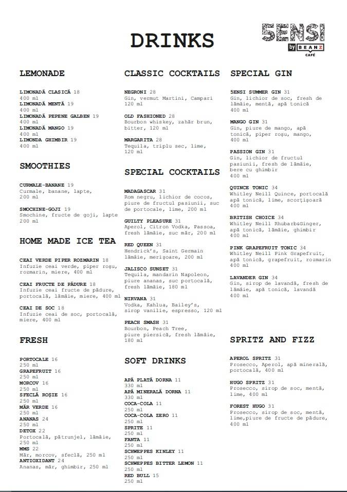 Menu at 5ENSI by BeanZ Cafe, Bucharest