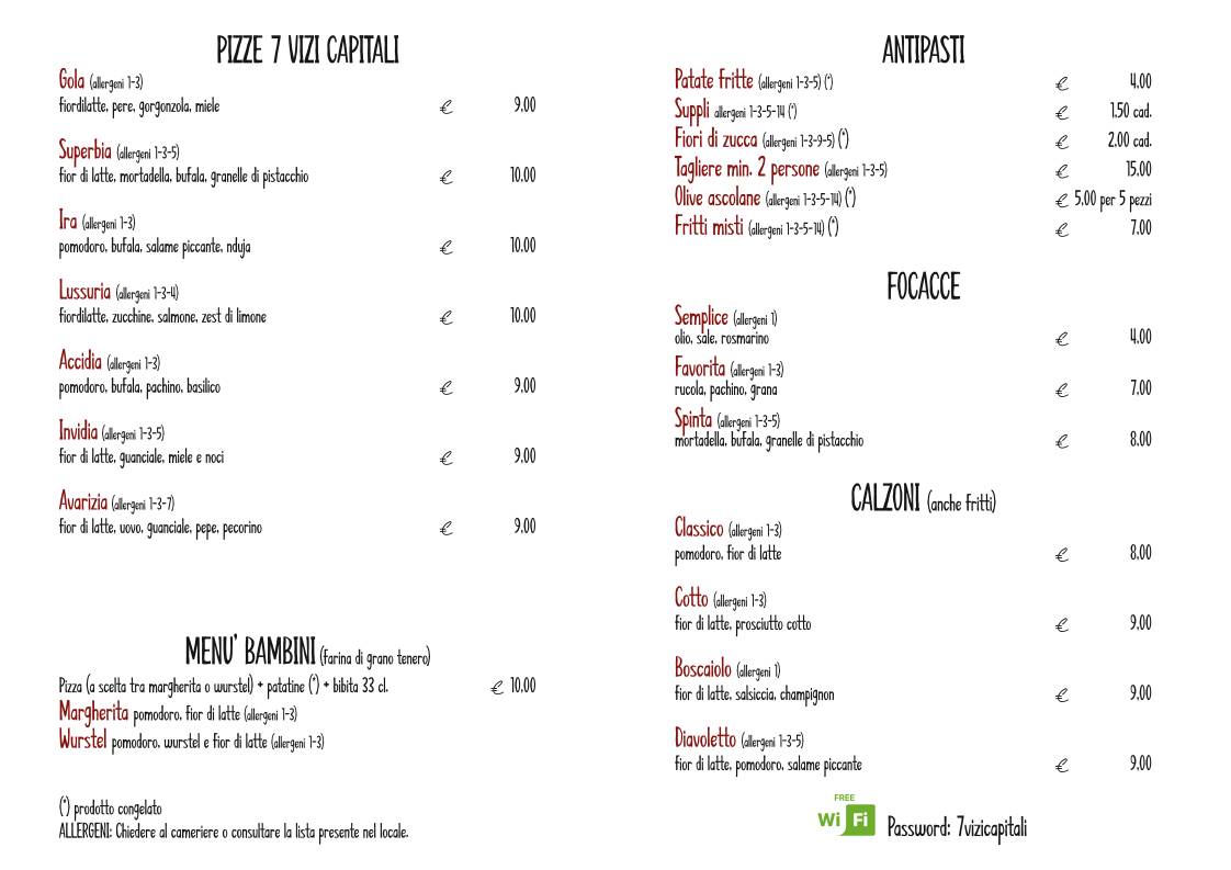 Carta del pub y bar 7 vizi capitali, Viterbo