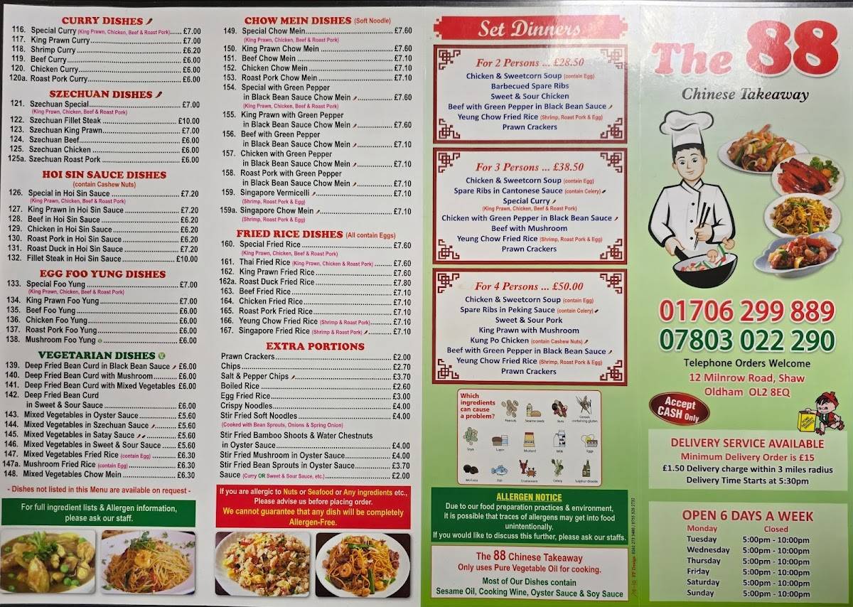 Menu at 88 Chinese Takeaway restaurant, Oldham