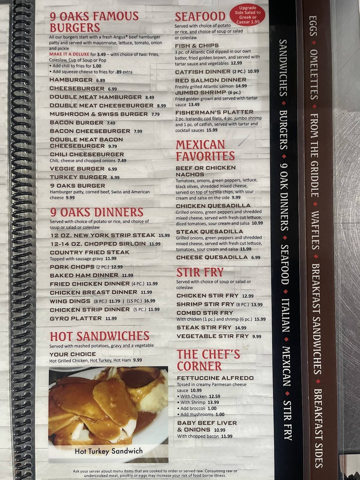 Menu at 9 Oaks Grill restaurant, Oak Park