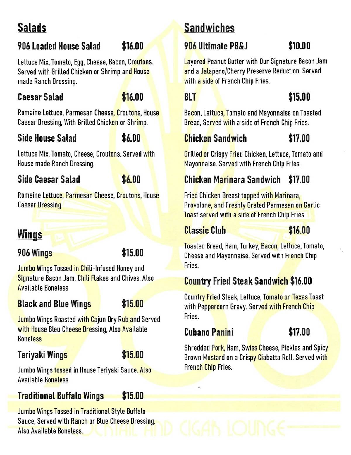 Menu at 906 Cocktail and Cigar Lounge pub & bar, Fort Smith