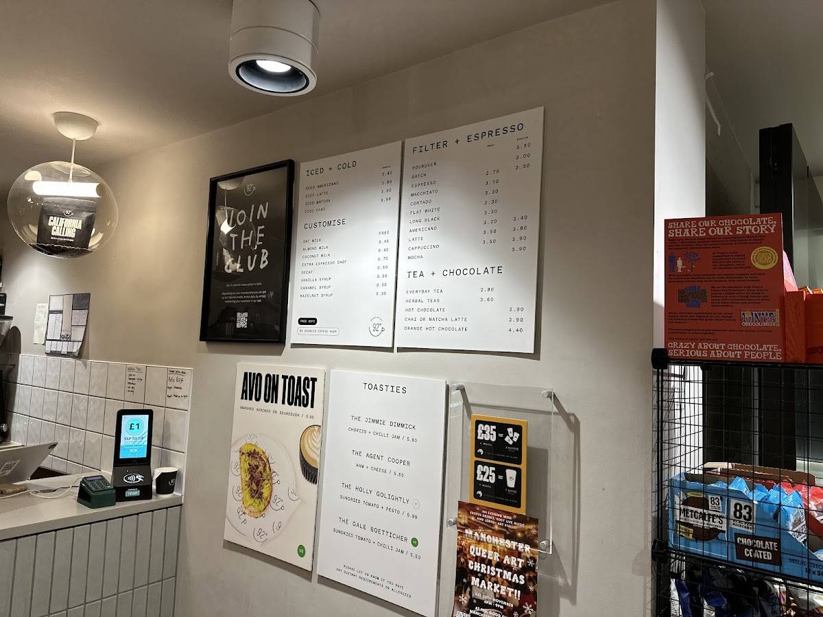 Menu at 92 Degrees Coffee cafe, Manchester, 16 John Dalton St