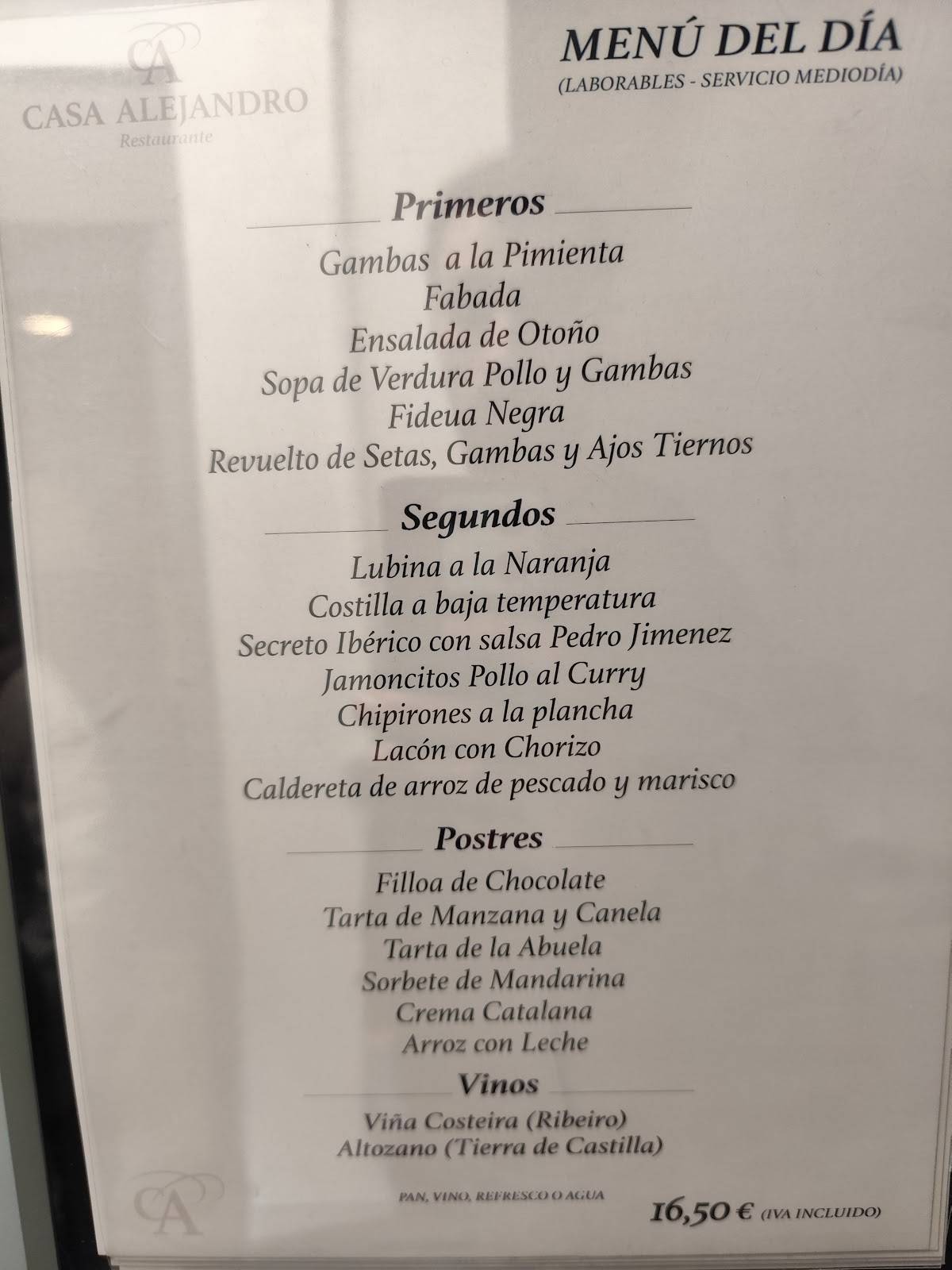 Carta de Restaurante Casa Alejandro, La Coruña