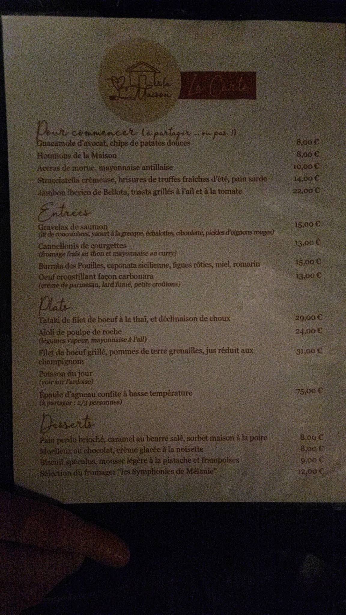 Menu au A La Maison restaurant, Orange