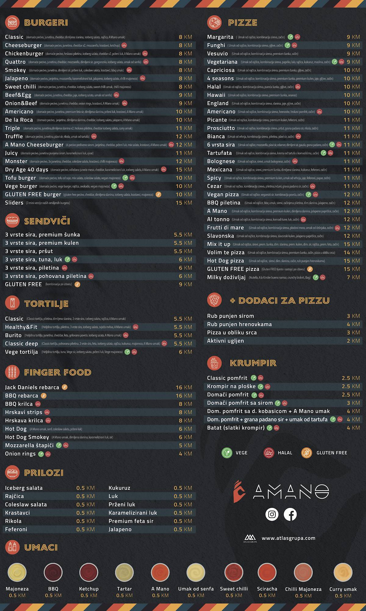 Menu at A Mano restaurant, Mostar