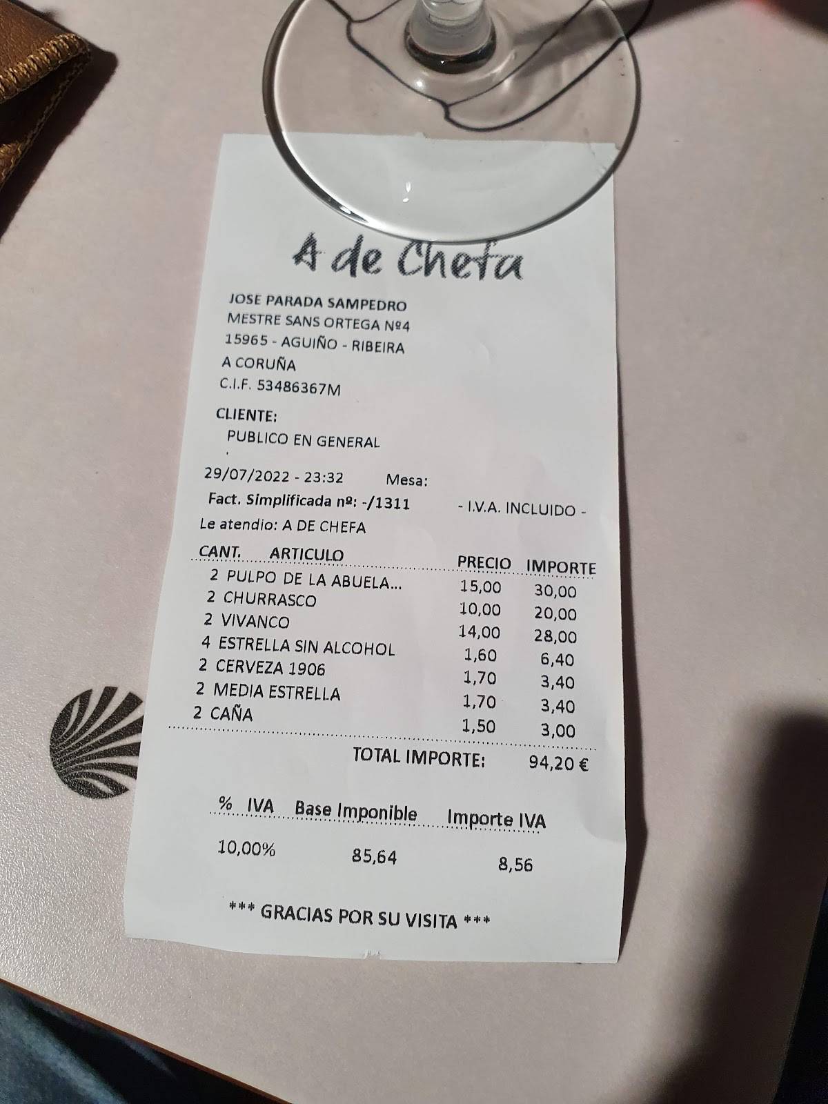 Carta de Cafetería A de Chefa, Riveira