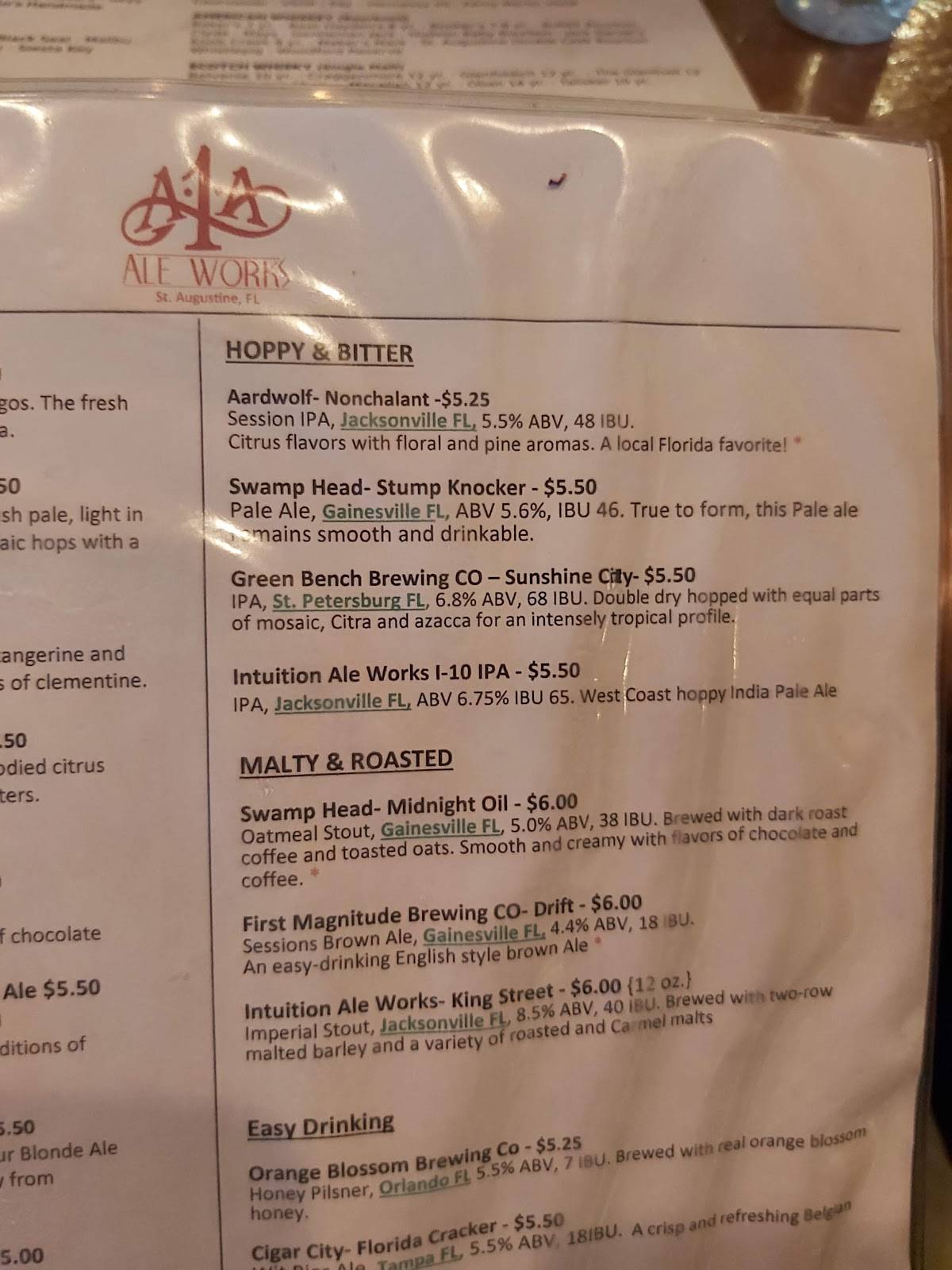 Menu at A1A Ale Works Restaurant & Taproom, St. Augustine