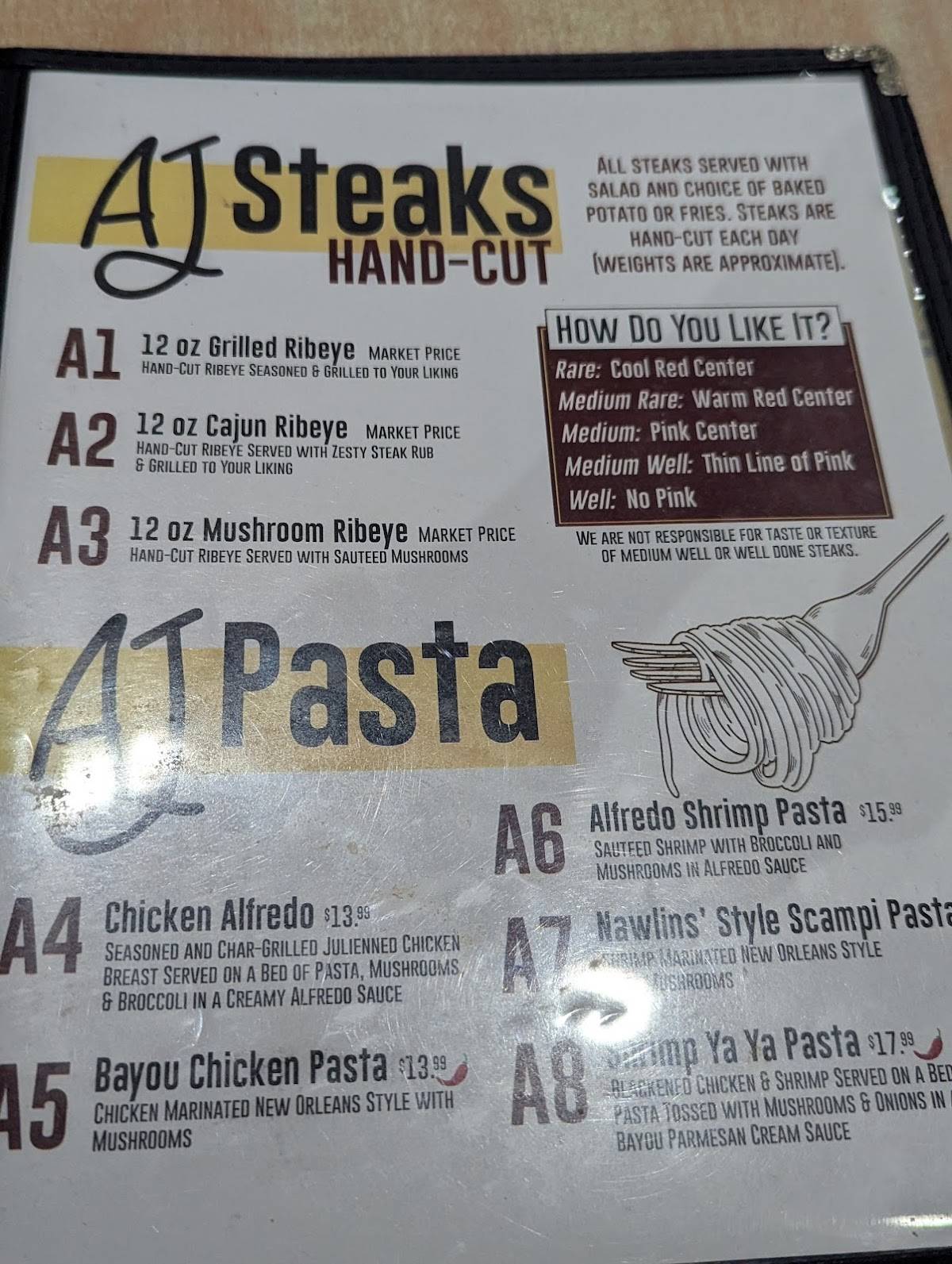 Menu at AJ's Kitchen restaurant, Idabel