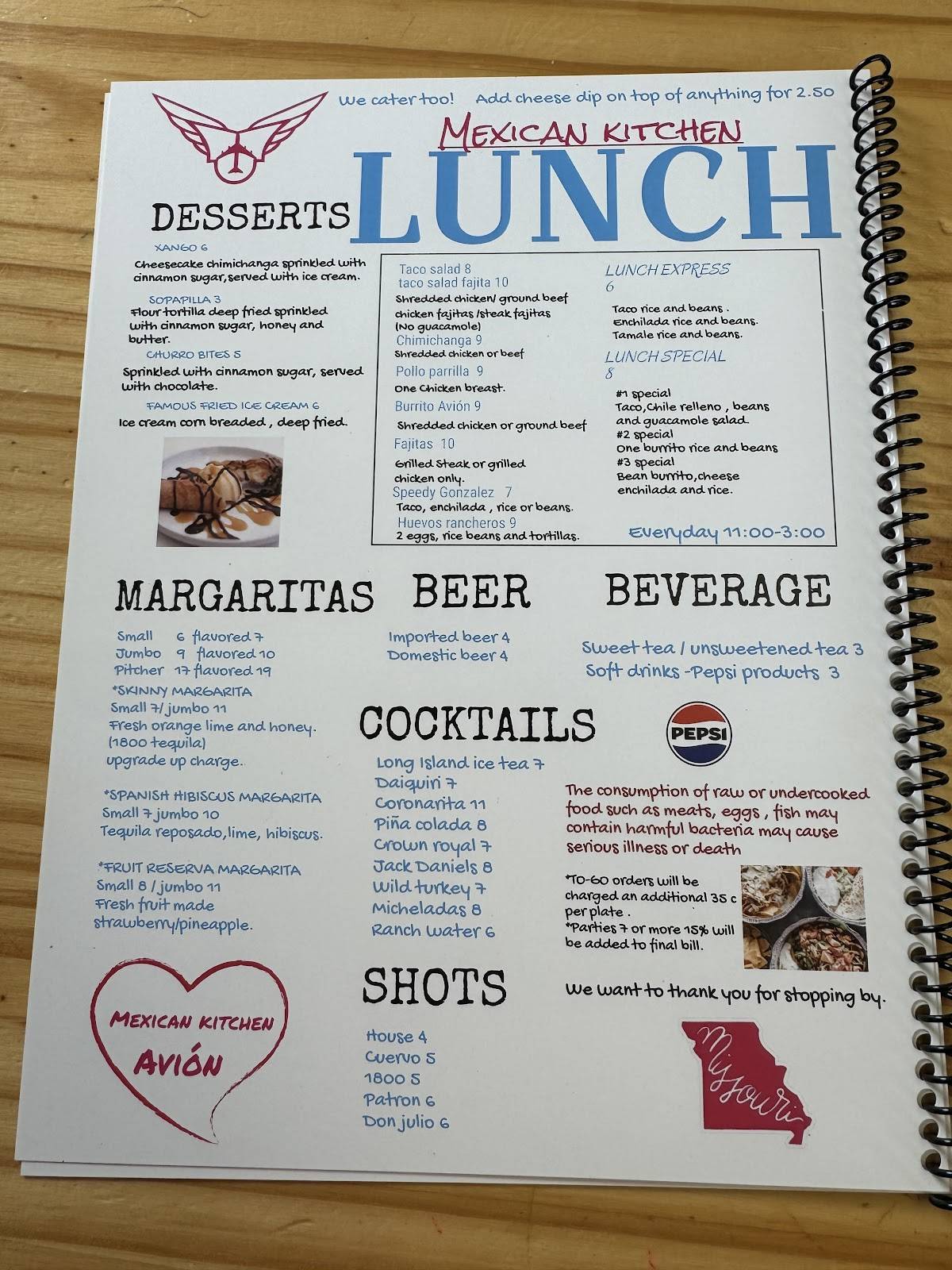 Menu at AVION Mexican Kitchen restaurant, Dixon