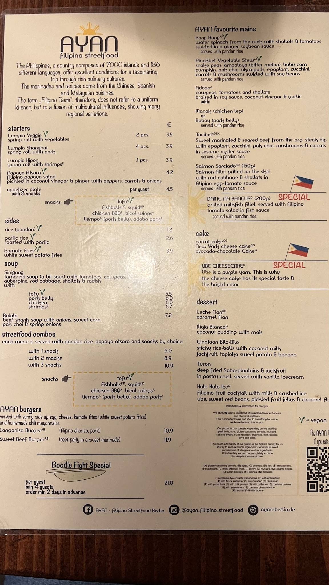 Carta del restaurante AYAN filipino streetfood, Berlin