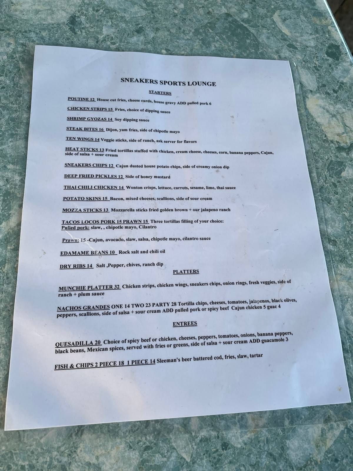 Menu at Sneakers Sports Lounge pub & bar, Abbotsford