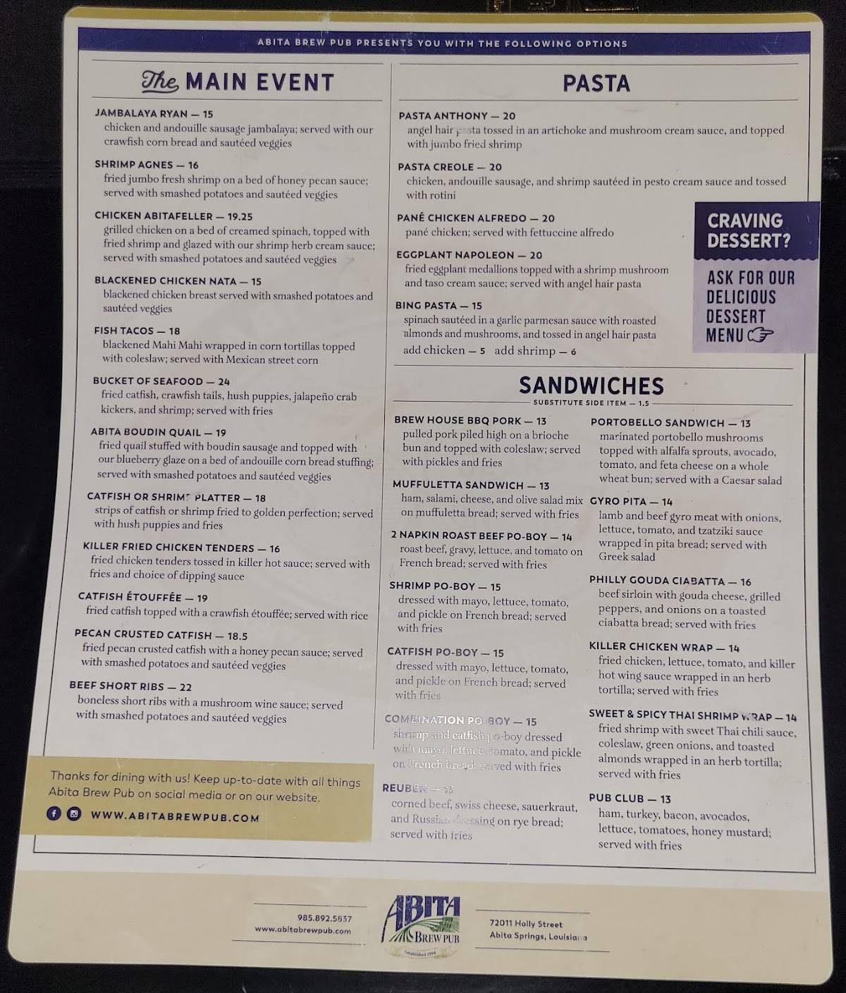 Menu at Abita Brew Pub, Abita Springs