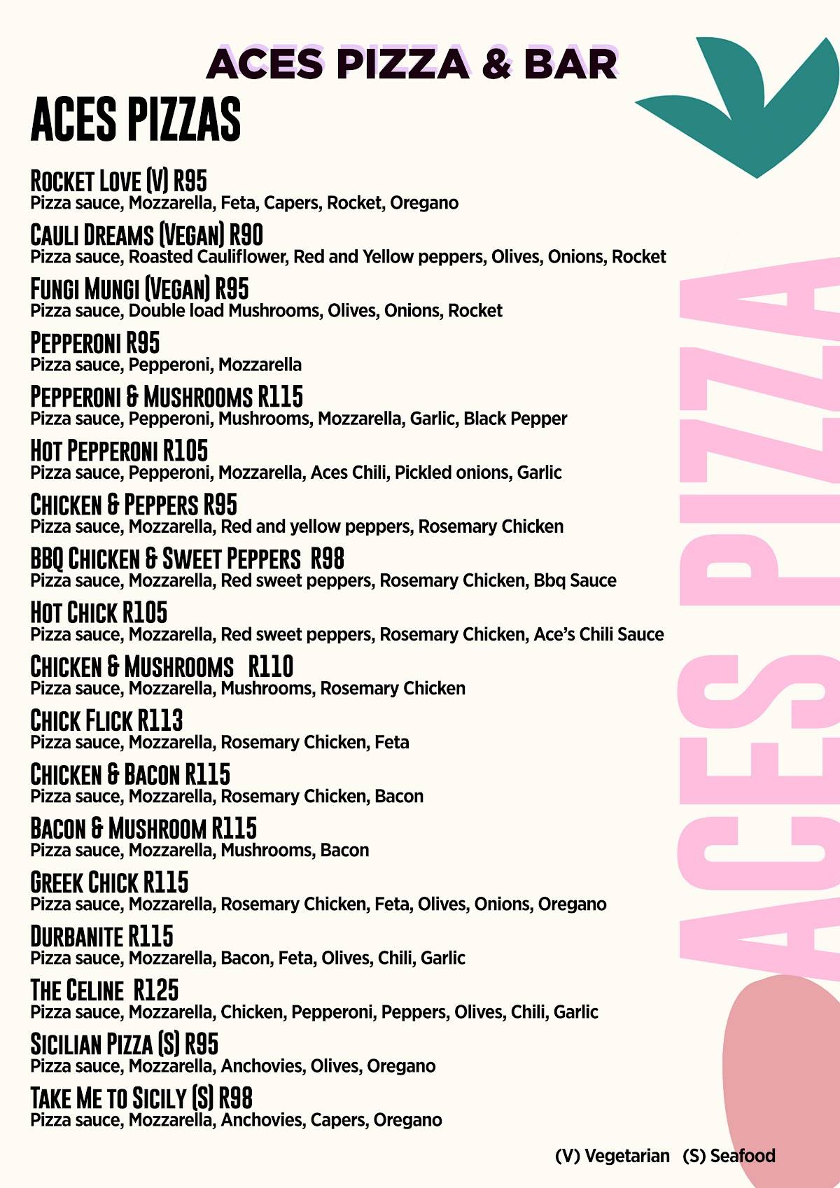 Menu at Aces Pizza and Bar, Durban