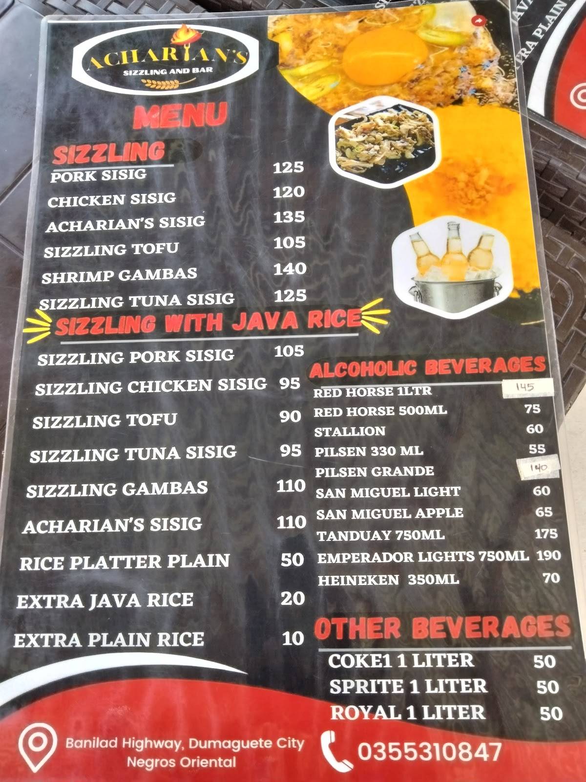 Menu at Acharian’s Sizzling House BANILAD restaurant, Dumaguete