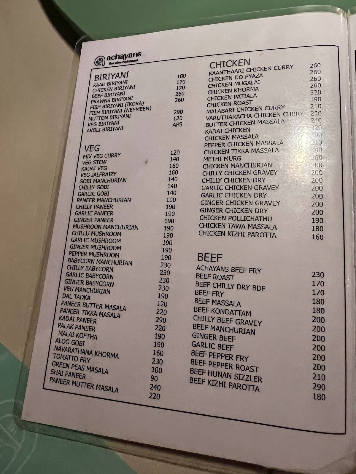 Menu at Achayan's Fine Dine Restaurant, Mannarkkad