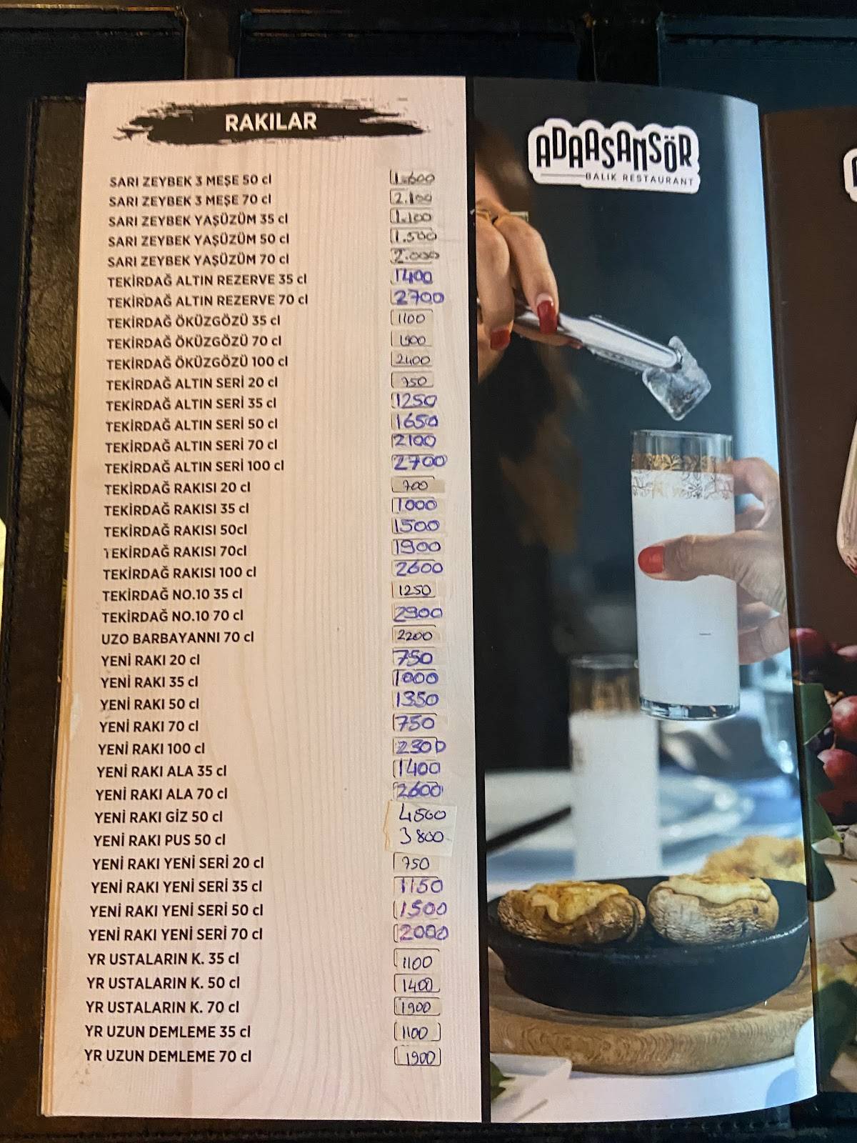 Menu at Ada Asansör Balık Restaurant, Kusadasi